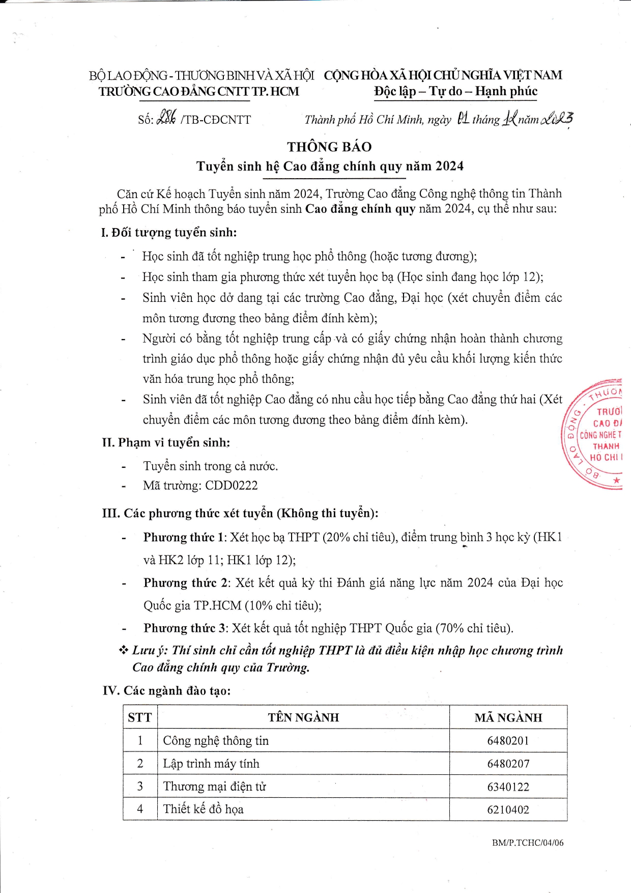 Thông báo Tuyển sinh hệ Cao đẳng chính quy năm 2024 - Trường Cao đẳng Công nghệ thông tin TP.Hồ ...