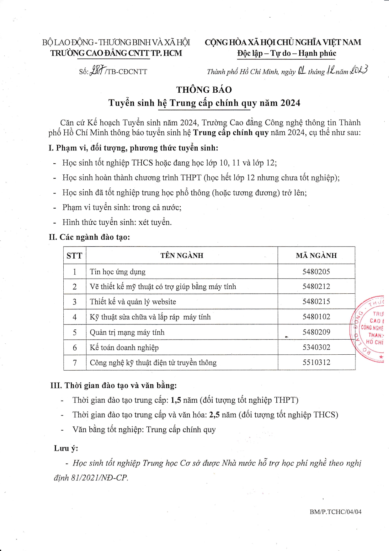 Thông báo Tuyển sinh hệ Trung cấp chính quy năm 2024 - Trường Cao đẳng Công nghệ thông tin TP.Hồ ...